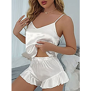 Womens Silk Satin Pajamas Loungewear Two-piece Sleepwear Cami Shorts Pj Set White XXL