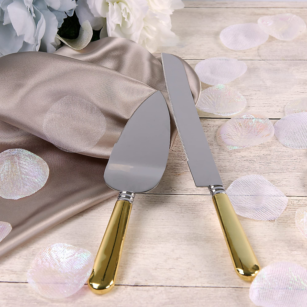 Simplicity Stainless Steel Cake Knife and Server Petals for Weddings and Other Celebrations, 10" and 12" L, Multicolor, 2 Piece