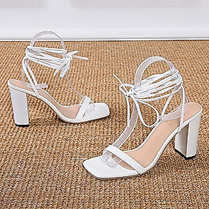 Women's Foreign Trade Large High Heeled European and American Fashion Square Headed Heavy Lace up Sandals for Women Wide (White, 8)