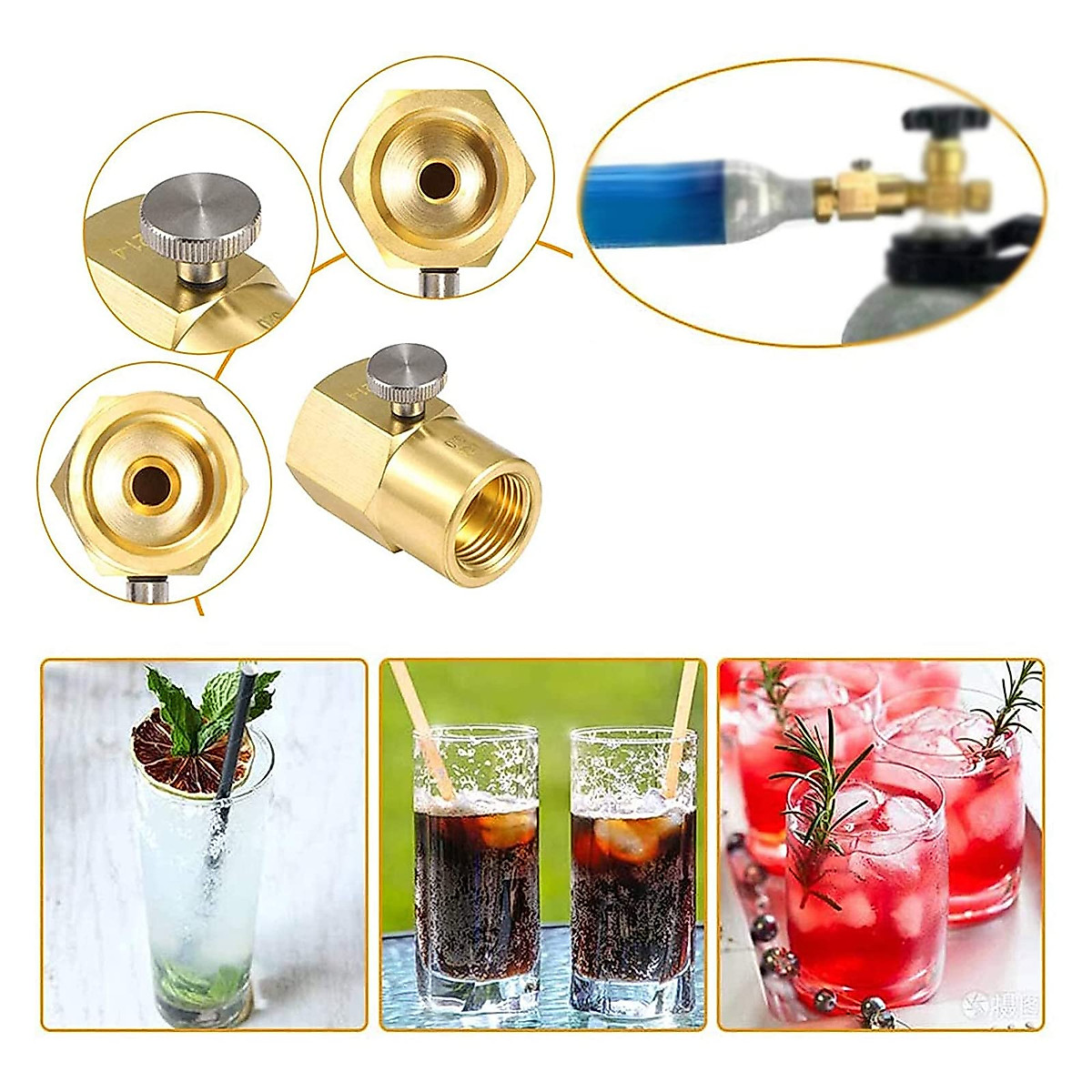 Farwind Home Use Soda Refill Bottle CO2 Cylinder Cartridges, Adapter Refills Connector Kit CGA320 to TR21-4, Thread Set Replacement Accessories for Soda Machine Tank, Gold