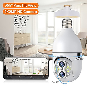 E27 Light Bulb Security Camera(Dual Lens), 10XHybrid Zoom Wifi Light Bulb Camera, Two-Way Talk Voice, Color HD Night Vision, Tracking, Sound And Light Alarm, Panoramic Light Bulb Camera 360°(2.4Ghz)