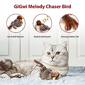 Gigwi Interactive Electronic Cat Toy, Automatic Chirping Bird Cat Toy Squeaky with Feather Tail, Melody Chaser Toy Bird for Cats to Play Alone, Play and Squeak Kitten Toy for Boredom