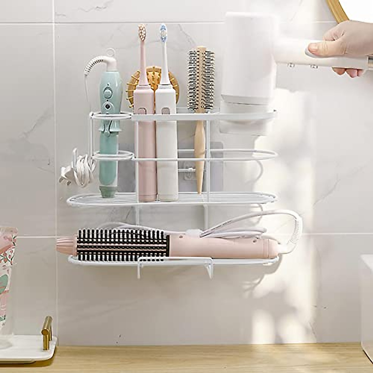 dpityserensio Hair Dryer Holder, Hair Tool Organizer, Wall Mount Metal Iron Blow Dryer Organizer, Bathroom Organizer Rack, Storage Basket for Comb, Curling Wands, Flat Irons (white)