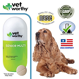 Vet Worthy Senior Multivitamin Chewable for Dogs - Antioxidants and Nutritional Support - Daily Support - Essential Vitamins, Minerals, & Enzymes- Liver Flavor Chewable for Dogs - 60 Tablets