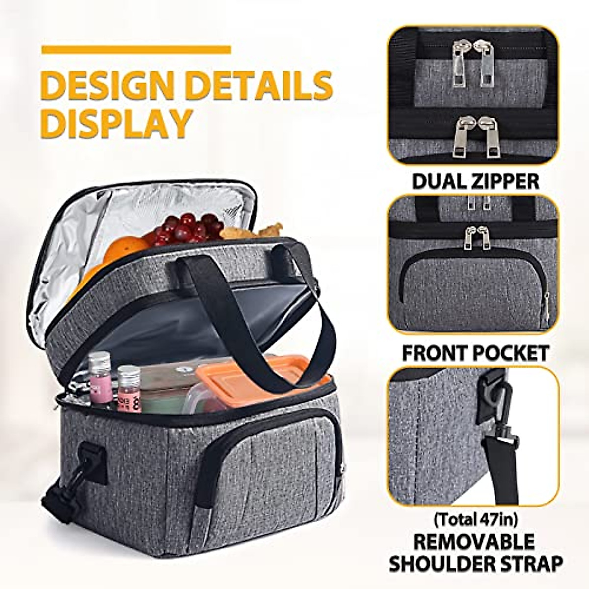 Insulated Lunch Cooler Box for Men/Women, Dual Compartment, 15L Capacity, Adjustable Shoulder Strap, 12 Hour Hot/Cold, Grey