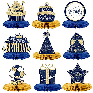DECORLIFE 9PCS Blue Gold Birthday Table Decorations, Happy Birthday Honeycomb Centerpieces for Kids Men and Women Birthday Party Supplies
