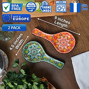 BCS Spoon Rest Set of 2 - Ceramic Spoon Holder for Stovetop & Kitchen Counter - Dishwasher Safe Handmade Kitchen Utensil (Green-Orange 4.5” W x 9" L)