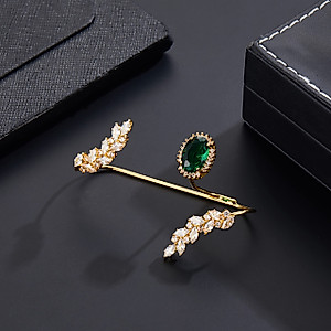 Aprilery Three-Fingers Statement Ring, Emerald Stone CZ Cubic Zirconia Crystal Hand Fingers Rings Leaf Shape Jewelry Ring Unique Adjustable Prom Accessories Gifts for Women