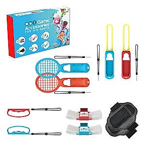 PERFECTSIGHT Switch Sports Accessories Bundle, 10 in 1 Kit for 2022 Nintendo Switch/Switch OLED Sport Games, Joycon Grip for Leg Strap, Hand Strap, Chambara, Bowling Grip and Tennis Badminton Rackets
