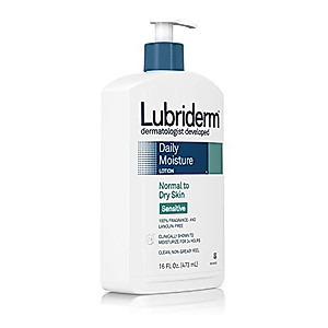 Lubriderm Daily Moisture Body Lotion for Sensitive, Dry Skin, Enriched with Vitamin B5, Dye and Lanolin Free, Unscented and Non-Greasy, 16 fl. oz