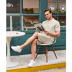 COOFANDY Men's 2 Pieces Linen Set Casual Henley Shirts Short Sleeve Beach Yoga Shorts Summer Pants Outfits