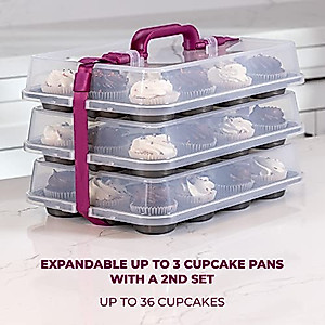 KPKitchen Cupcake Carrier for 24 Cupcakes - Innovative Cupcake Holder includes 2 Cupcake Pans with Lid and Handle - Cupcake Travel Container Carries 12 or 24 Standard-Size Cupcakes for Storage Safely