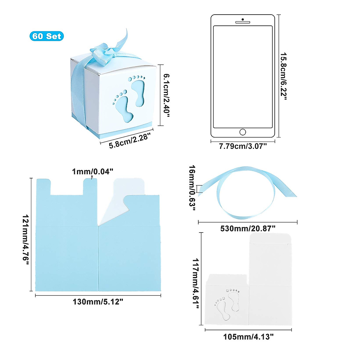 PH PandaHall 60 Sets Baby Shower Favor Boxes, Footprints Paper Gift Boxes Newborn Baby Folding Box with Ribbon for Gender Reveal Party Kindergarten Holiday Birthday Party Gift Favor, 2.4x2.4x2.4 Inch