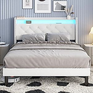 Vabches Full Size Bed Frame with LED Headboard, Velvet Upholstered Platform Bed Frame with Lights and Charging Station, Wingback Storage Headboard and Type C & USB Ports, Wood Slats, White