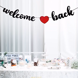 Welcome Back Banner Sign Party Decoration Black Glitter Pre-Strung Banner for Military Army Homecoming Teenager Homecoming Party Decorations, Family Theme Party Supplies