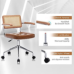 Zesthouse Modern Home Office Chair Leather Desk Chair with Natural Rattan Back, Vanity Chair for Girls Women, Upholstered Tufted Swivel Armchair, Height Adjustable Computer Task Chair