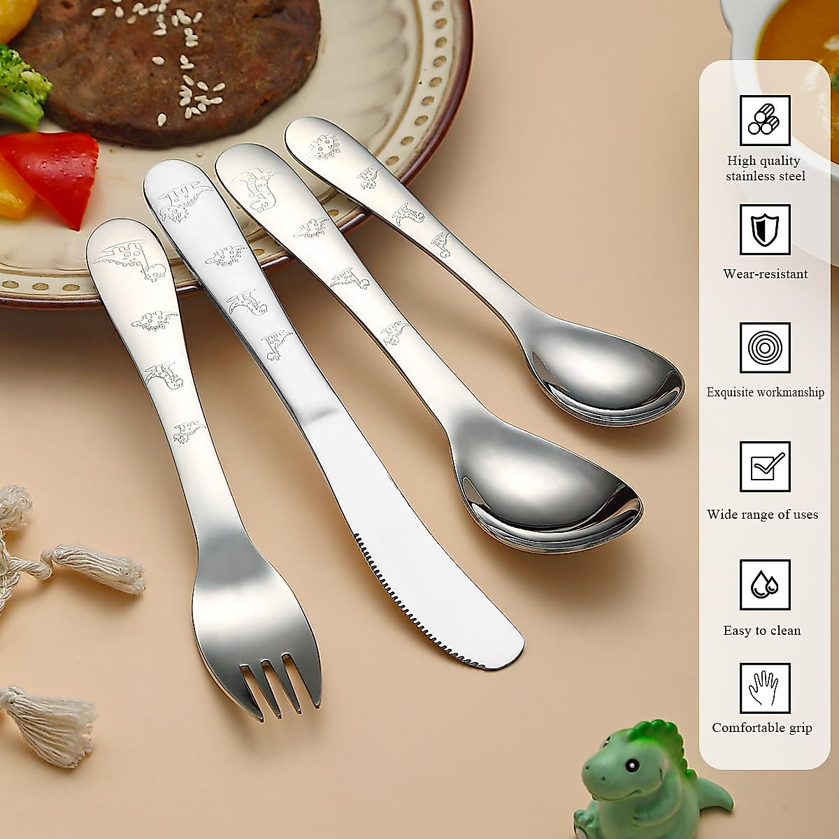 Evanda Toddler Utensils, 4 Pieces Stainless Steel Toddler silverware set, Kids Utensils Forks and Spoons, Mirror Polished Smooth Round Tableware and Dishwasher Safe