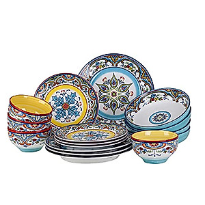 Euro Ceramica Zanzibar Double Bowl 16-Piece Dinnerware Set | Fine Kitchenware | Floral Multicolor Design Stoneware Tableware Service For 4