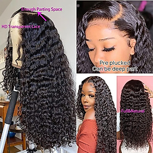 HD Lace Front Wig Human Hair Deep Wave Wigs For Black Women 180% Density 13x4 Water Curly Lace Frontal Wigs Glueless Human Hair Pre plucked with Baby Hair Brazilian Wet n Wavy Lace Closure Wig 28inch