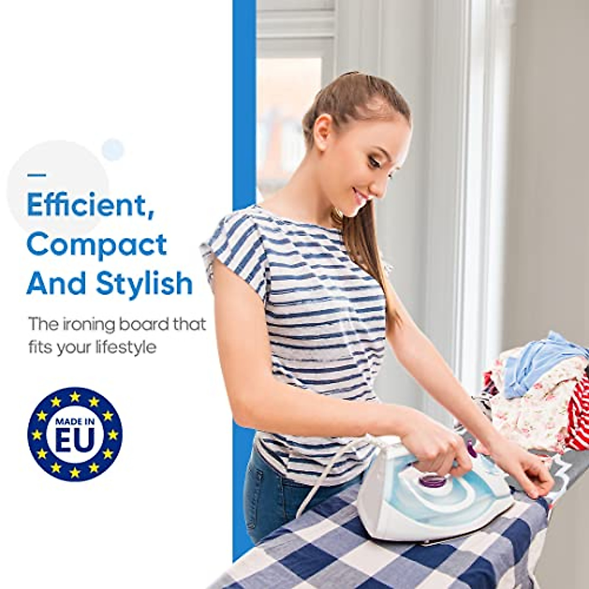TIDY ZEBRA Compact Ironing Board Full Size European Made – ULTRA THICK PADDED FOAM AVOIDS MOLD - Organic 100% Cotton Ironing Boards Covers - Sturdy Lightweight Iron table, Bonus Iron Board Cover 13x43