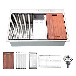 AGABOK 33 Inch Drop In Kitchen Sink, 33x22 Inch Topmount Workstation Sink with Ledge, 18 Gauge SUS304 Stainless Steel Kitchen Sink, 10 Inch Deep Handmade Single Bowl Kitchen Sinks with Accessories