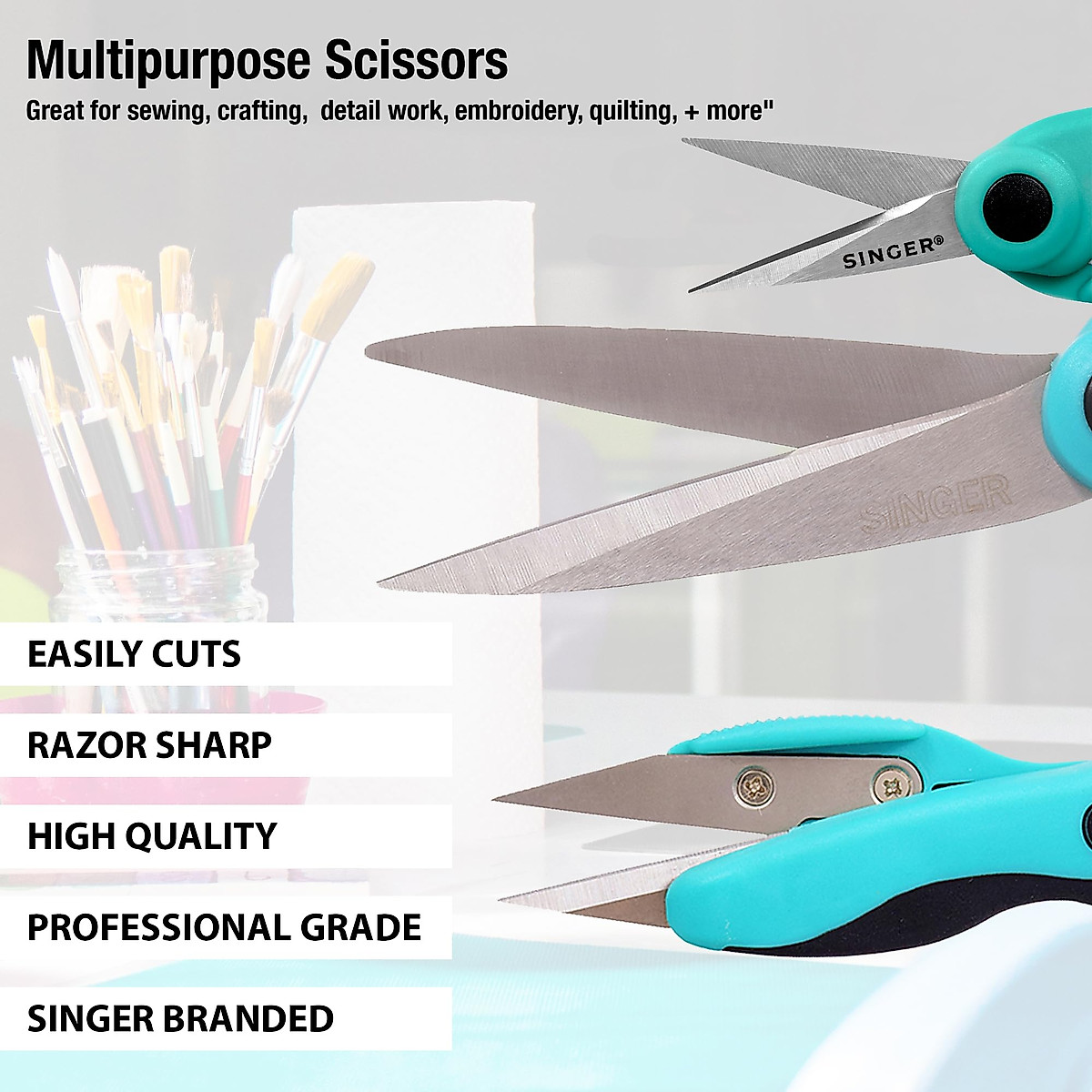 SINGER ProSeries Sewing Scissors Bundle, 8.5" Heavy Duty Fabric Scissors, 4.5" Detail Embroidery Scissors, 5" Thread Snips with Comfort Grip