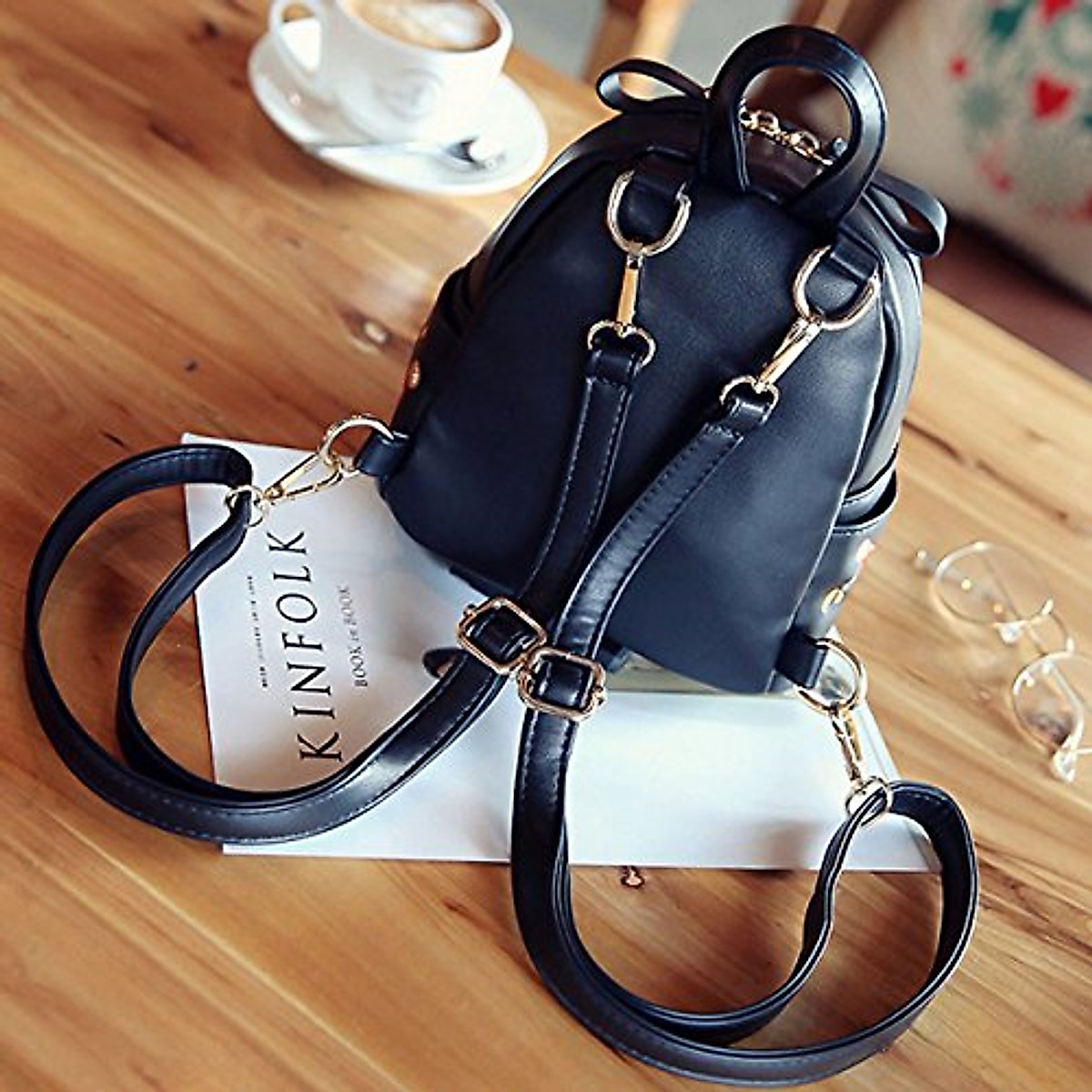CLARA Girls Mini Embroidery Cherry Backpack PU Leather Small Purse Satchel Top-Handle Shoulder Bag Black