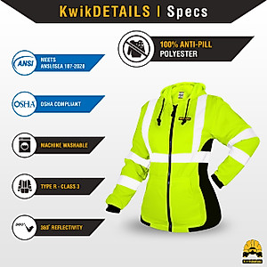 KwikSafety - Charlotte, NC - ROGUE Safety Jacket for Women [NO FUZZ BALLS] Class 3 ANSI OSHA Reflective Hi Vis Womens Fleece Hoodie/Yellow Medium