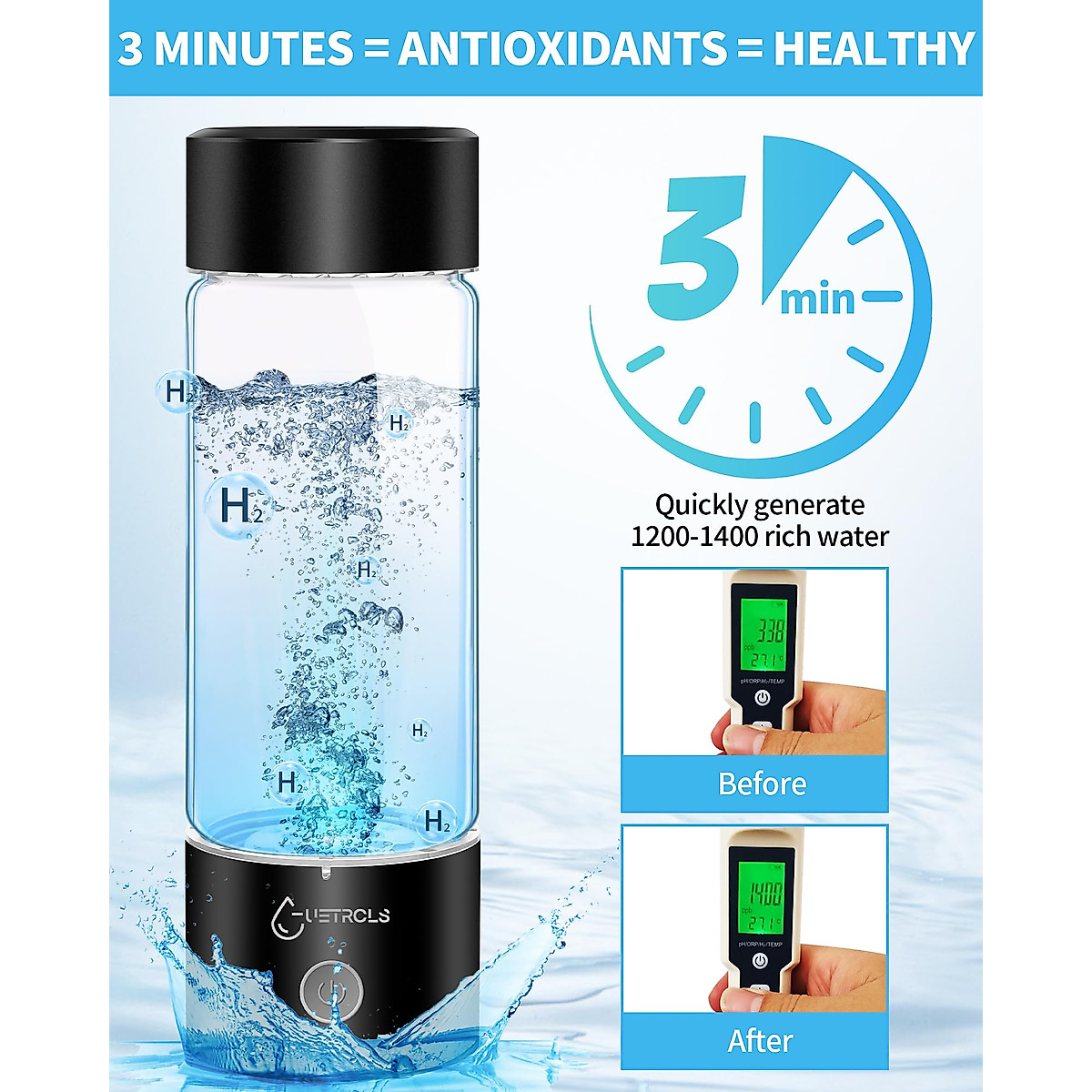Hydrogen Water Bottle 2024, Hydrogen Water Bottle Generator with SPE PEM Technology Water Ionizer, Hydrogen Water Machine Improve Water in 3 Minutes for Home, Office, Travel, Daily Drinking(Black)