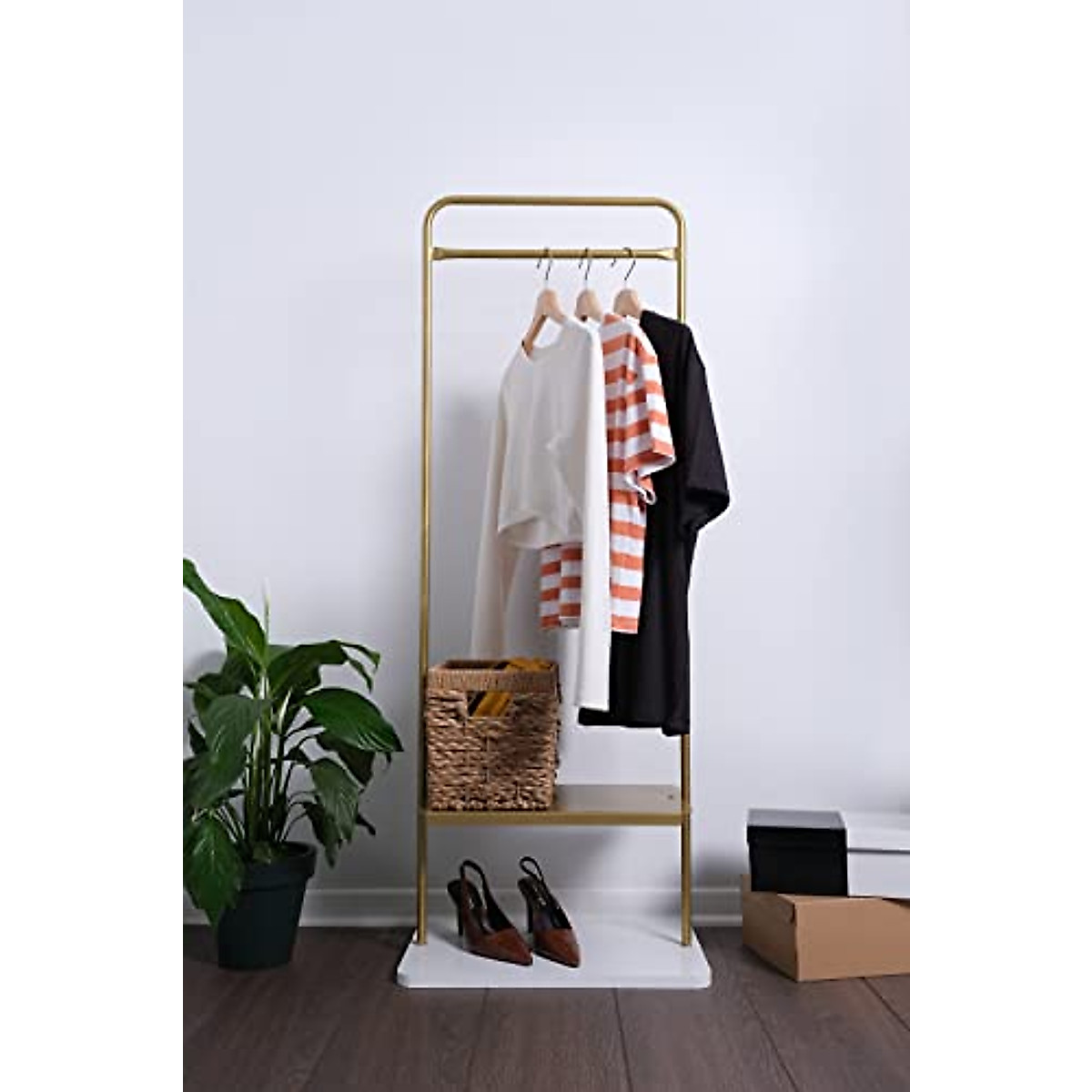 VEGAINDOOR Heavy-Duty Sturdy Clothes Rack with Wood & Metal Shelf , Freestanding Clothing Rack , Single Rod Garment Rack , Easy to Assemble Portable Clothes Rail , Storage Solution for Small Spaces