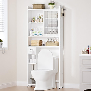 Cozivolife Over The Toilet Storage Cabinet with Acrylic Door Panel and Paper Towel Drawer, Bamboo Toilet Shelf, Organizer Rack Above Toilet for Bathroom (Without Power Strip, White)