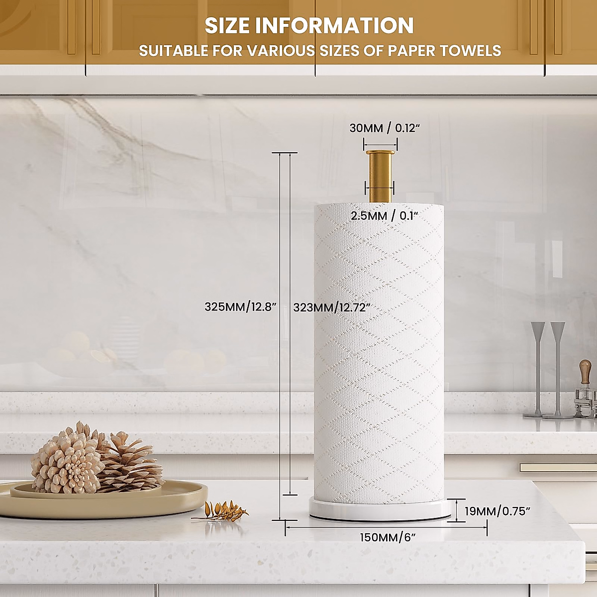 Adedeo Paper Towel Holder Countertop, White Marble Base, Gold Stainless Steel, Free Standing Paper Towels Roll Holder Stand for Kitchen Counter, Bathroom