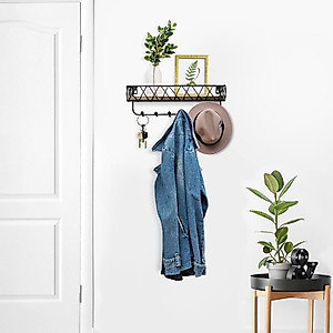 ANRXNCY Decorative Key and Mail Holder for Wall, Wall Mounted Entryway Floating Shelf with 5 Key Hooks, Decorative Metal Wire Mesh Key Holder with Shelf for Wall, Entryway, Bathroom, Office