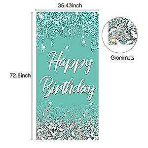 Teal Silver Birthday Door Banner Decorations, Breakfast Blue Birthday Theme Sign Decor for Girl Women, Sweet 16 18th 21st 30th 40th 50th 60th Birthday Party Supplies