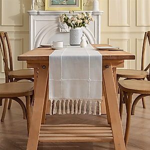Gernaice Rustic Lattice Linen Table Runner 13 x 60 Inches Vintage Checkered Boho Farmhouse Embroidery Plaid 60 Inches Long Table Runners with Tassel Kitchen Dining Holiday Party Home Decor White