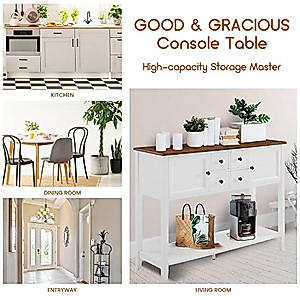 GOOD & GRACIOUS Buffet Sideboard Console Cabinet Narrow Wooden Kitchen Sideboard Table with Bottom Shelf and Storage Drawers White