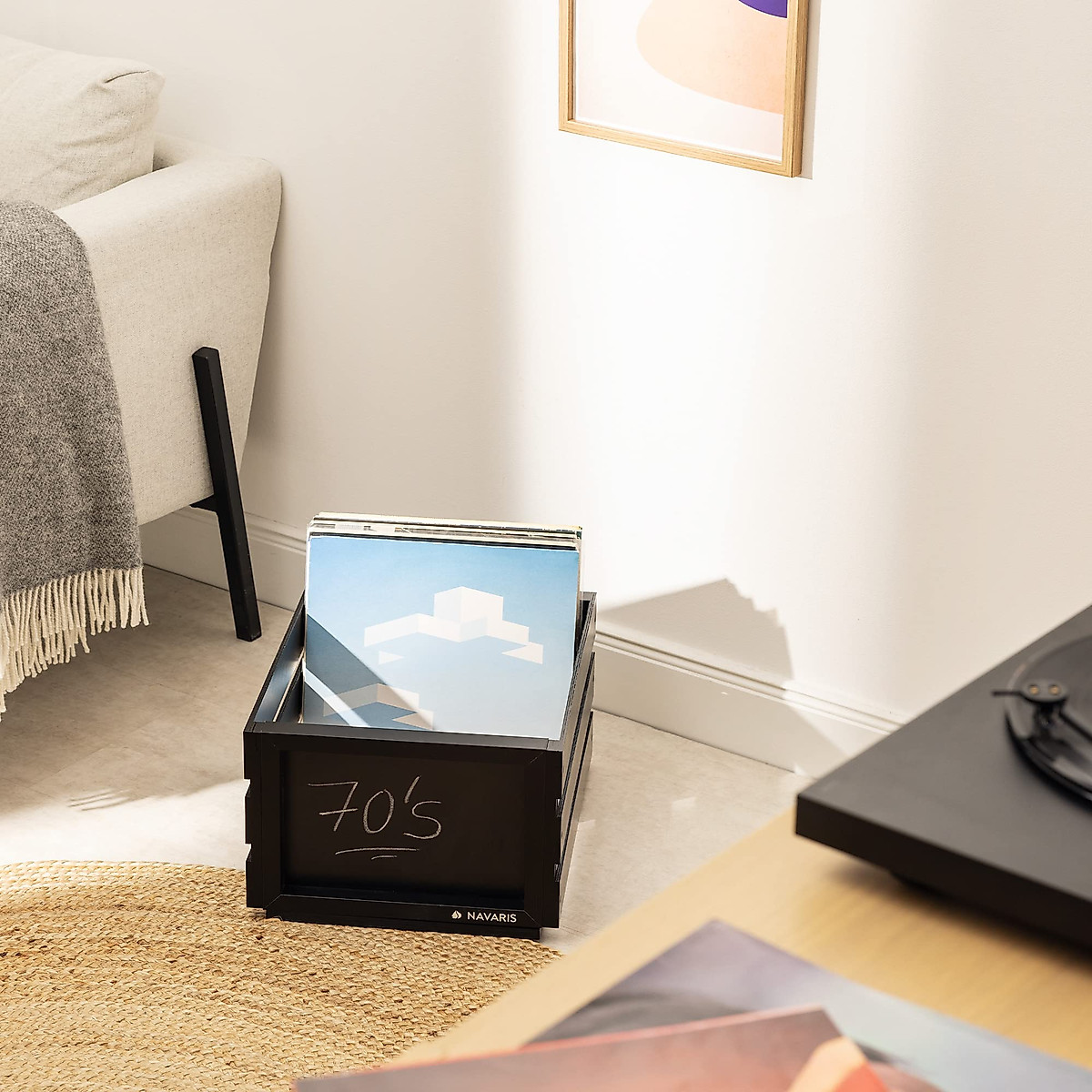 Navaris Wood Record Crate - Vinyl Album Storage Holder Box Wooden Case with Chalkboard Sign Board - Holds up to 80 LP Records - Black