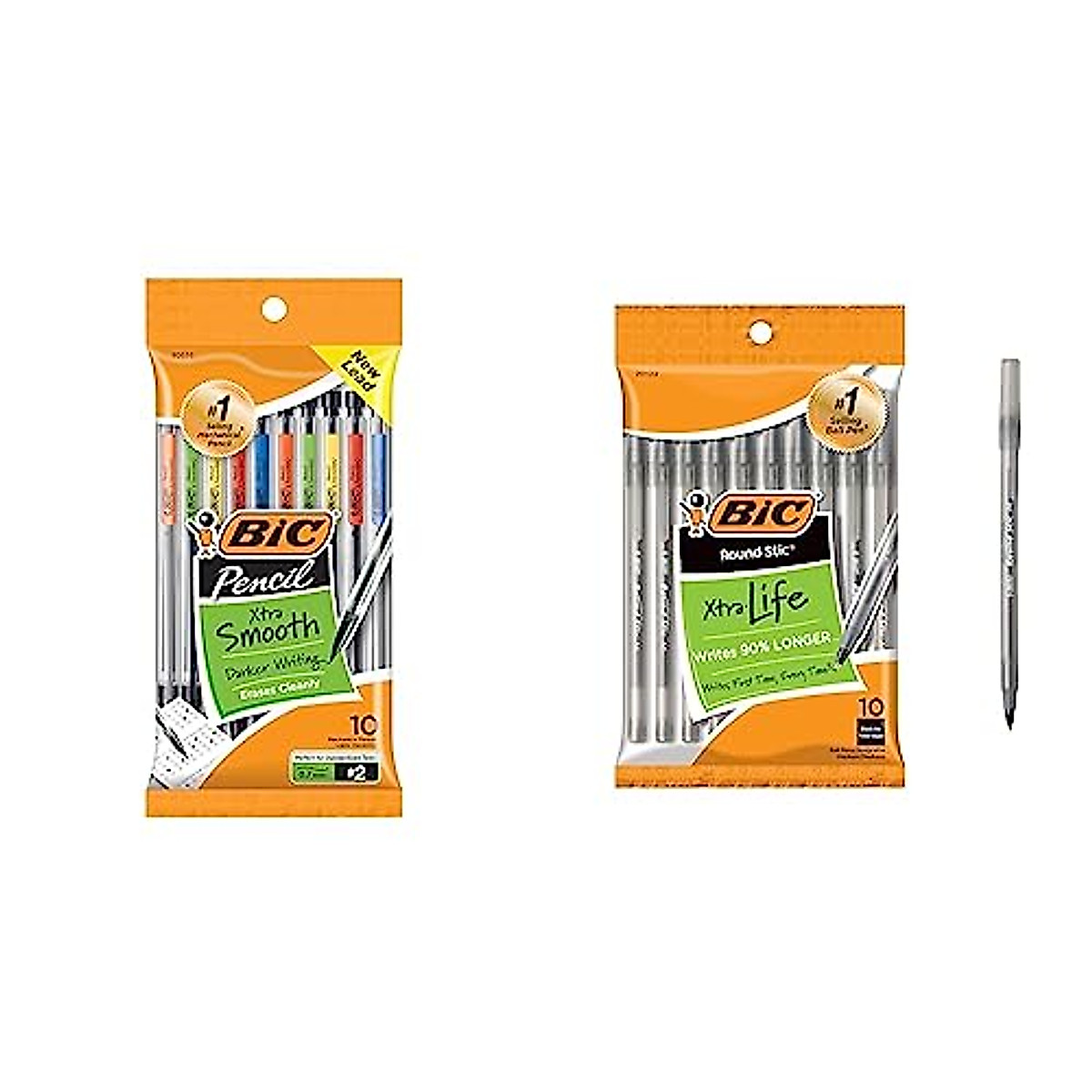 BIC Xtra-Smooth Mechanical Pencils With Erasers, Medium Point (0.7mm), 10-Count Pack & Round Stic Xtra Life Ballpoint Pen, Medium Point (1.0mm), Black, 10-Count