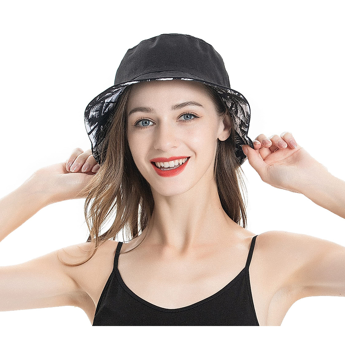 ZLYC Unisex Cute Print Bucket Hat Summer Travel Fisherman Cap for Women Men Teens (Palm Tree Black)