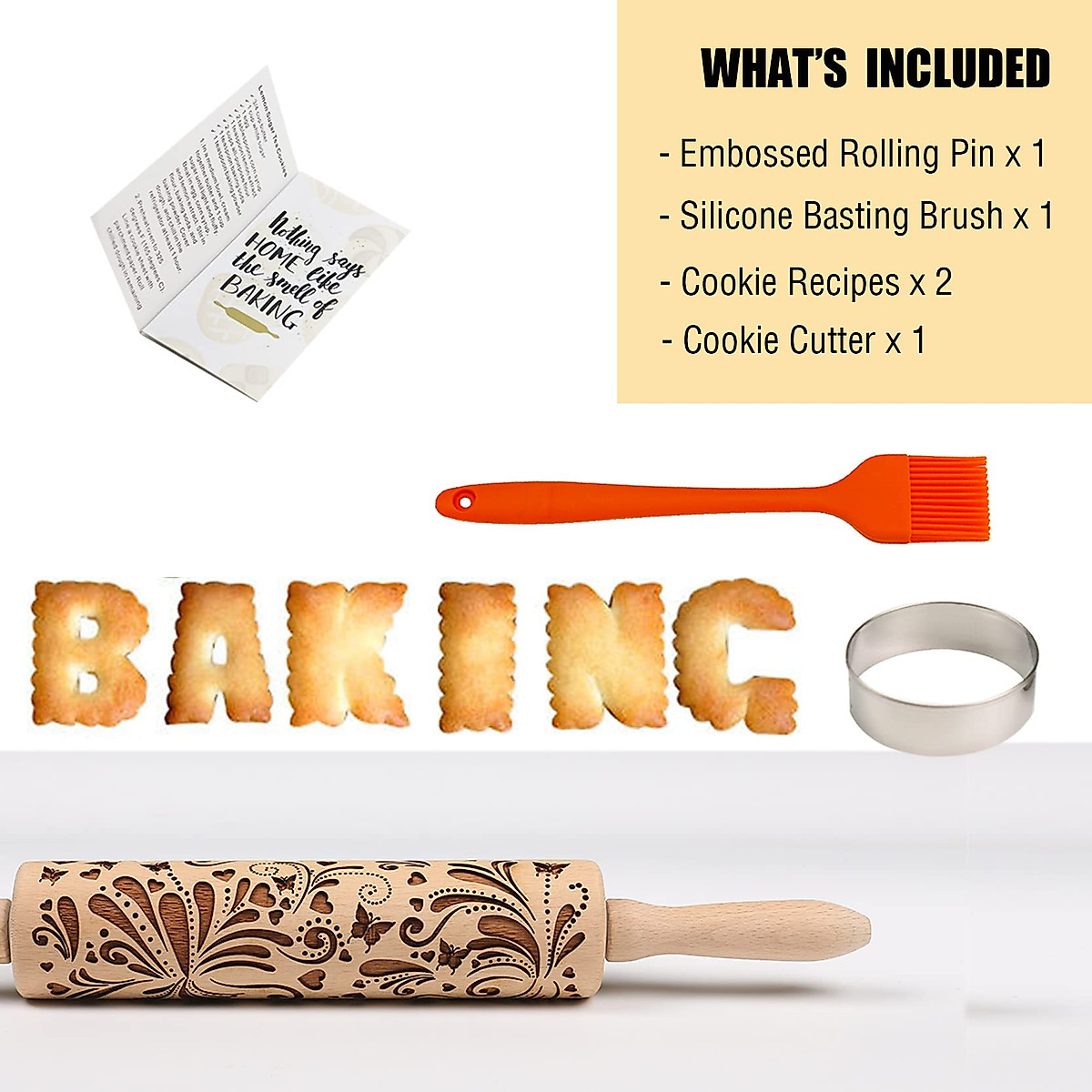 Floral Butterfly Embossed Rolling Pins for Baking Cookies Paisley Transfer Wooden Embossing Rolling Pin Beech Laser Cut Engraved 3D Dough Roller Christmas Impression Basting Brush Cookie Cutter Flower