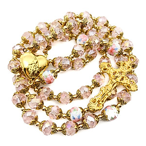 Nazareth Store Catholic Pink Crystal Beads Gold Rosary Flowers Beaded Necklace Holy Mary Heart Locket Medal & Cross Religious Amulet for Women