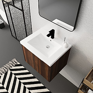 24-Inch Wall Mounted Bathroom Vanity with Sink Combo Modern Single Bathroom Vanity Set with Top Resin Sink & Storage Cabinet Wood Hanging Bath Cabinet w/Resin Sink for Bathroom (Walnut-24 Inch)