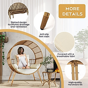 Yechen Egg Chair Outdoor, Oversized Wicker Patio Chairs with 350LBS Capacity, Rattan Porch Chair, 6.69'' Cushions for Living Room, Bedroom, Garden, Round Nest Chairs with Steel Stands Easy Assembly