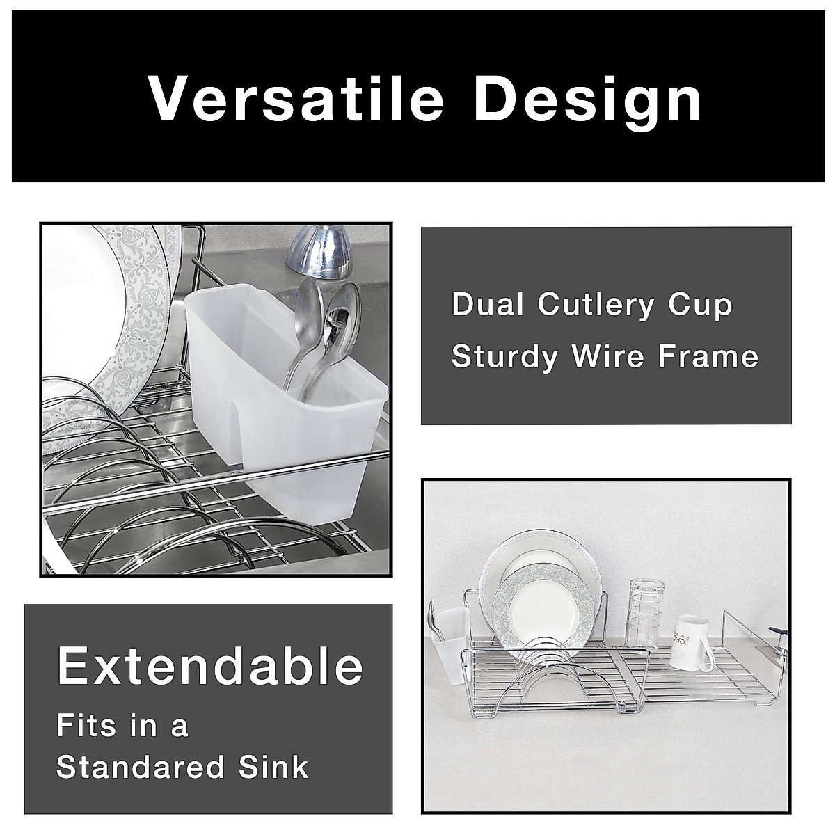 Smart Design Expandable Dish Drainer Drying Rack with Cutlery Cup - Steel Metal Wire - Fits in Standard Sinks - Dishes, Cups, Silverware Organization - Kitchen - 13.5 x 20.63 Inch Chrome