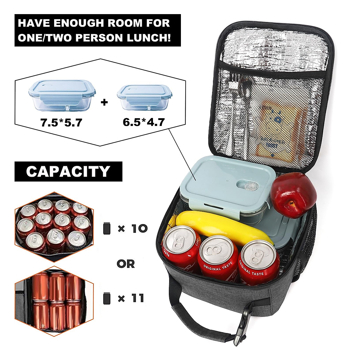 Femuar Lunch Box for Men Women Adults, Small Lunchbox for Work Picnic - Reusable Lunch bag Portable Lunch tote, Charcoal Grey