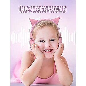 SIMJAR Cat Ear Kids Headphones with Microphone for School, Volume Limiter 85/94dB, Wired Girls Headphones with Foldable Design for Online Learning/Travel/Tablet/iPad (Pink)