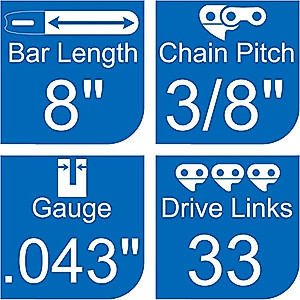 Opuladuo 3PC 8 Inch Replacement Chain for RYOBI P4360 RY43160 P4361, 8 in. Pole Saw Chain for WORX WG349.9 WG349-3/8" - .043" - 33 DL