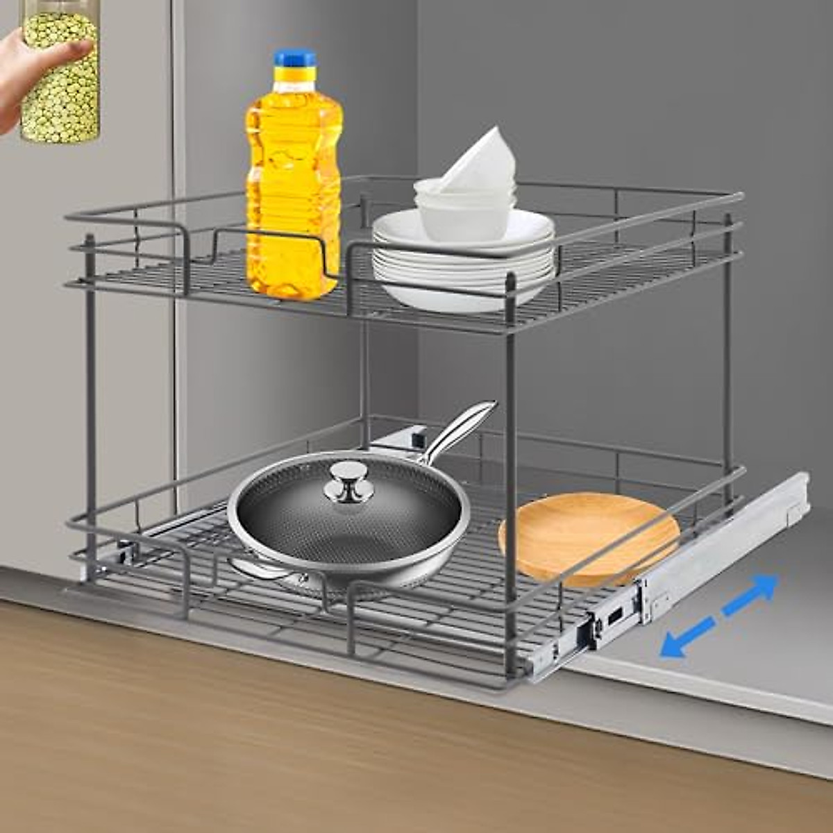 Pull Out Cabinet Organizer, Heavy Duty Metal Cabinet Drawers,Drawer Storage for Kitchen, Bathroom, Home,2 Tier Cabinet Pull Out Shelves (Grey)