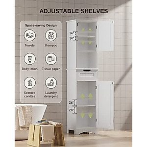 Gizoon 67" H Tall Bathroom Storage Cabinet w/ 2 Doors & 1 Drawer, Narrow Linen Tower Freestanding w/Adjustable Shelves for Home, Kitchen, Versatile, Anti-Tipping, White