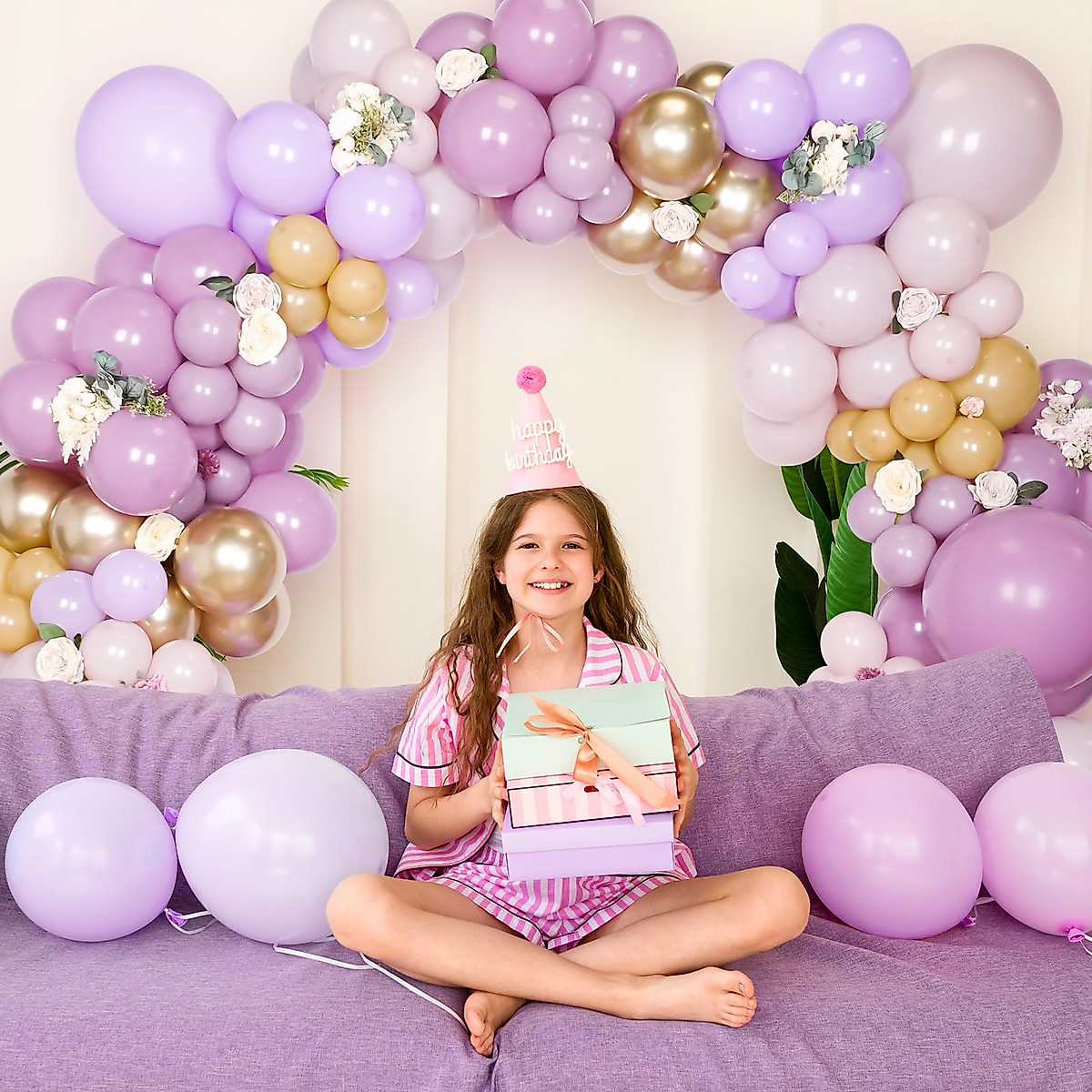 Pink and Purple Balloon Arch Kit - Dusty Purple Lavender Champagne Gold Pink Balloons for Girls Birthday Baby Shower Wedding Bridal Shower Balloon Arch Decorations Retro Purple Pink Balloon Garland
